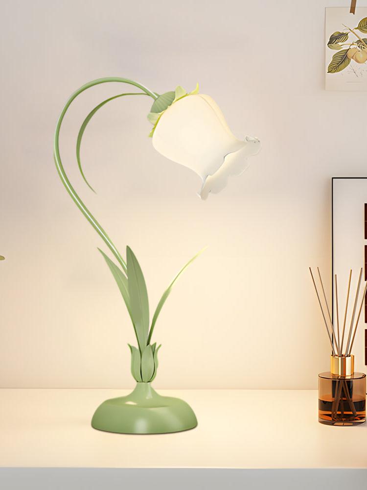 Pastoral Ins White Flowers 3 Step Dimming Green Rustic Style Table Lamp