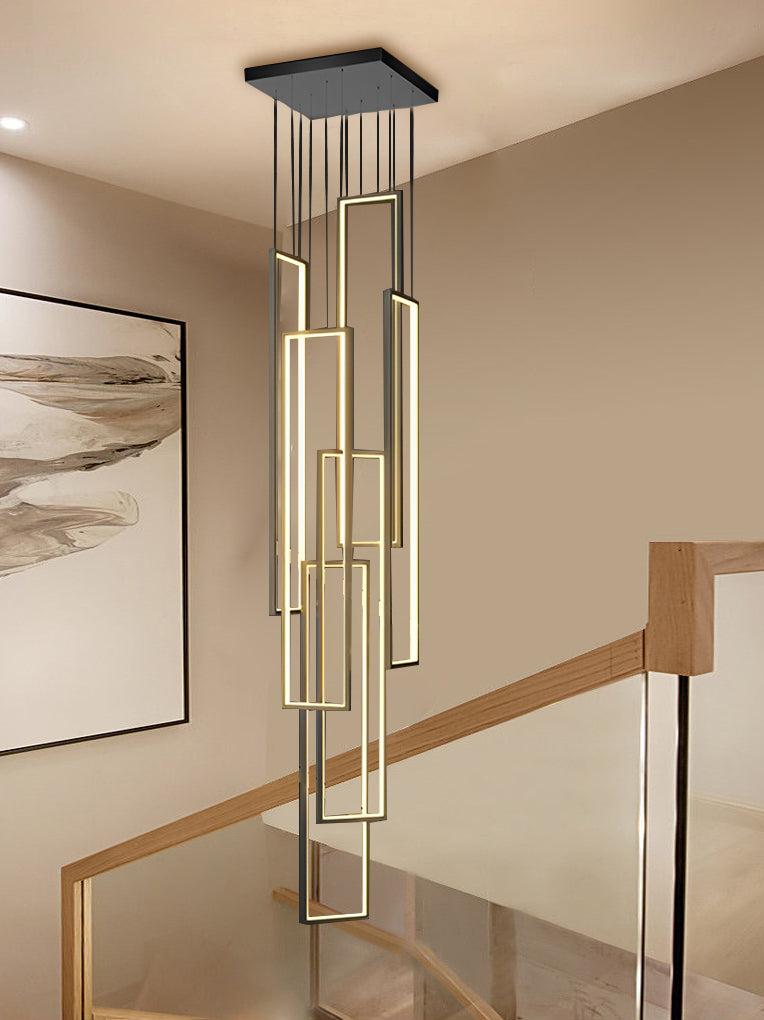 6 Rectangular Frame Aluminum LED Black Nordic Duplex Stair Chandelier